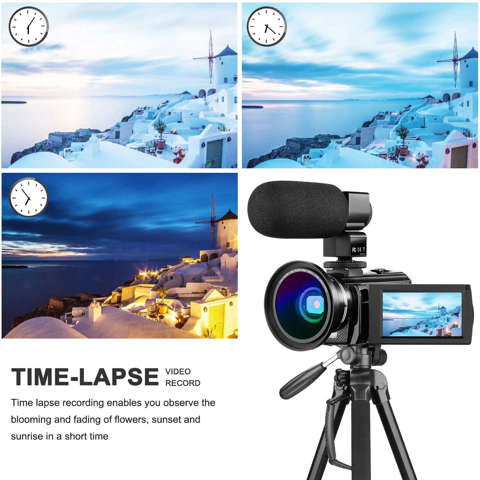 4K Camcorder Video Camera Rosdeca Ultra HD 48.0MP WiFi Digital Camera IR Night Vision 3.0" IPS Touch Screen 16X Digital Zoom with External Microphone, Wide Angle Lens, 2 Batteries and Memory Card