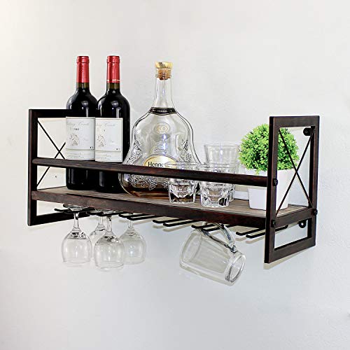 MBQQ Industrial Wine Racks Wall Mounted with Stemware Racks,24" Rustic Metal Hanging Wine Holder,Bottle Holder with 7 Stem Glass Holder,Metal&Wood Shelves Home Decor Wall Shelf,Retro Red