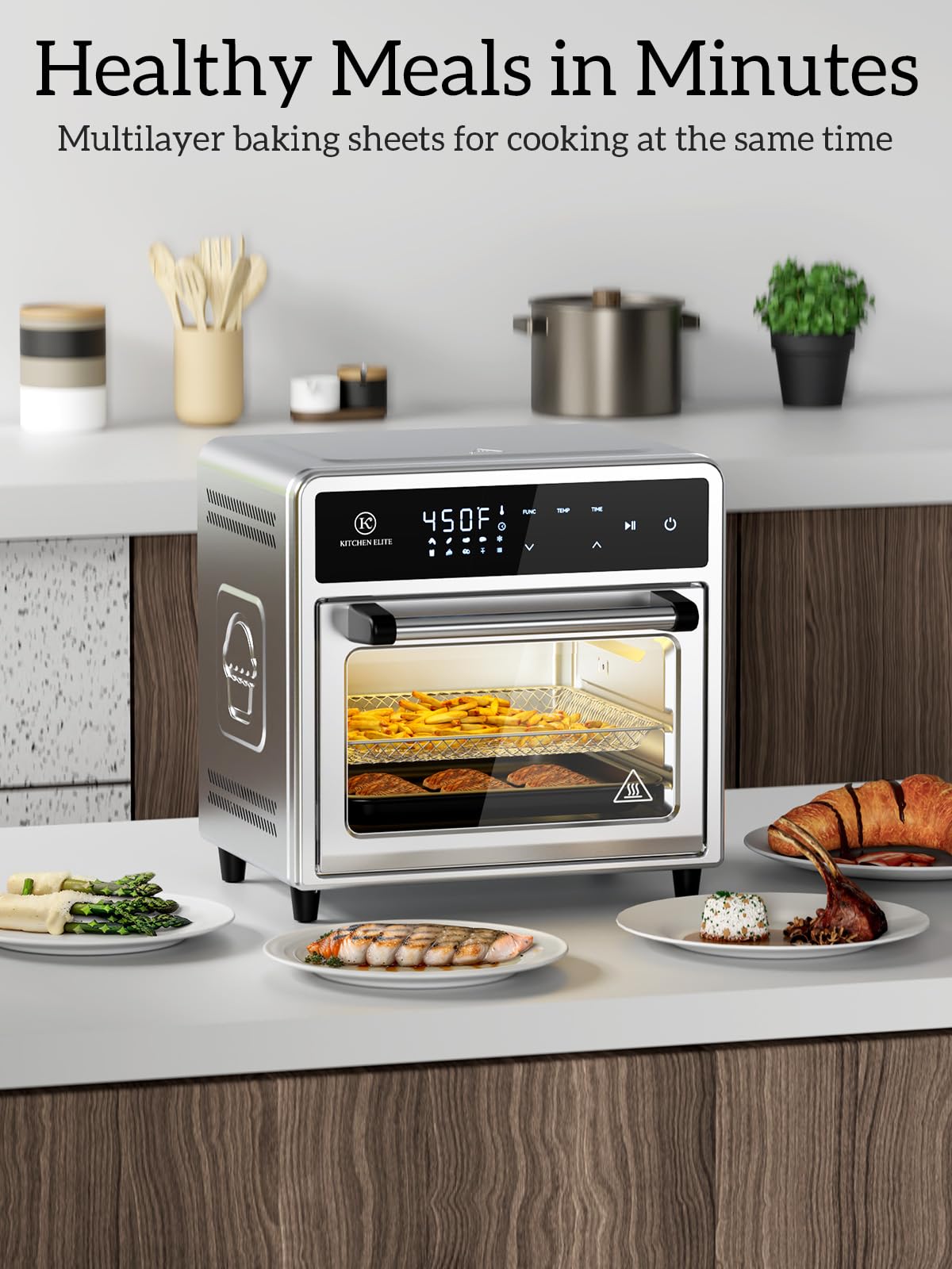 Air Fryer Toaster Oven Combo,10-in-1 12.6QT Compact Countertop Oven,9 Touch Screen Presets & 1 DIY Function,Easy Digital Controls,4 Accessories Included,Stainless Steel,Kitchen Elite