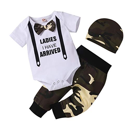 Tikoubabe Baby Boy Clothes Stuff Infant Summer 3 Piece Outfits Newborn Cute Letter Printed Romper Short Sleeve + Pants + Hat Funny Letter Printed Straps Camo 70cm