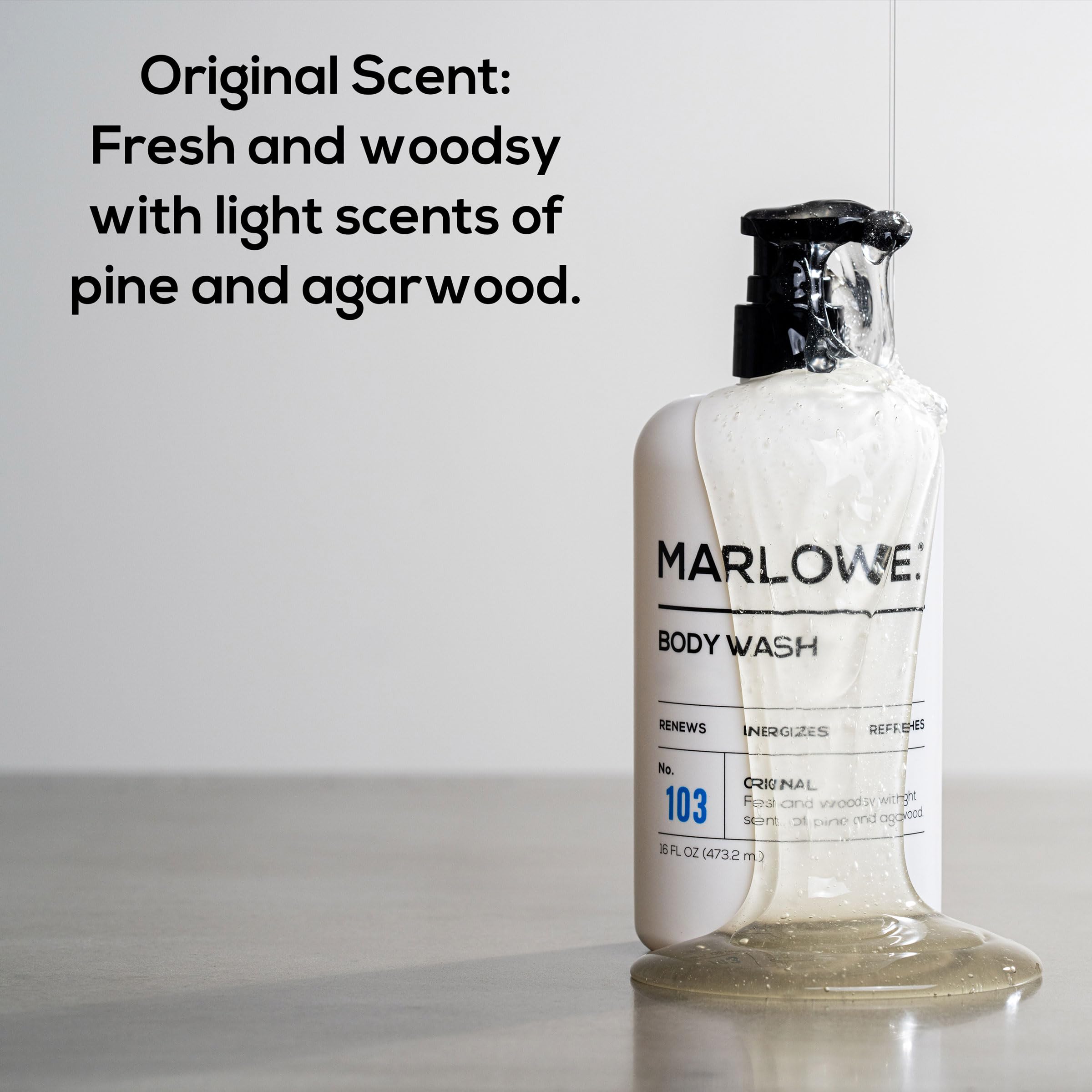 MARLOWE. No. 103 Mens Body Wash 16 oz, Energizing and Refreshing with Moisturizing Natural Willow Bark & Green Tea Extracts, Fresh Pine & Agarwood Scent
