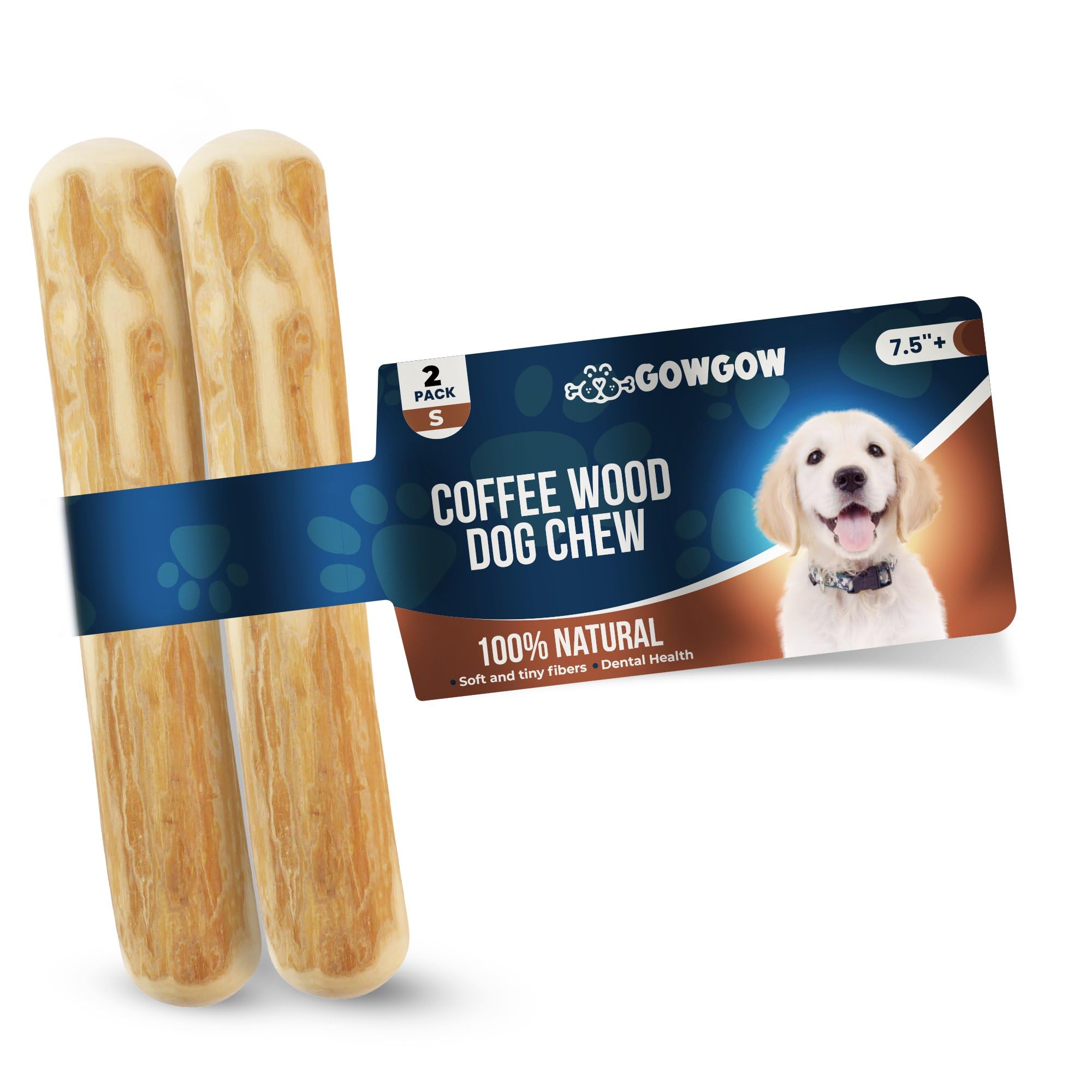 GOWGOW Coffee Wood Dog Chew Stick for Small Dogs, 7.5'', 2 Pack Size S - 100% Natural Chew Toys - Teeth Cleaning, Stress Relief, Dog Health - Organic