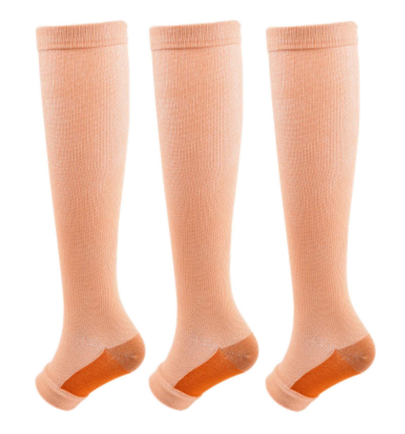 3Pairs Open Toe Toeless Compression Socks(15-20mmHg) for Men Women Support Stocking (Beige, L/XL)