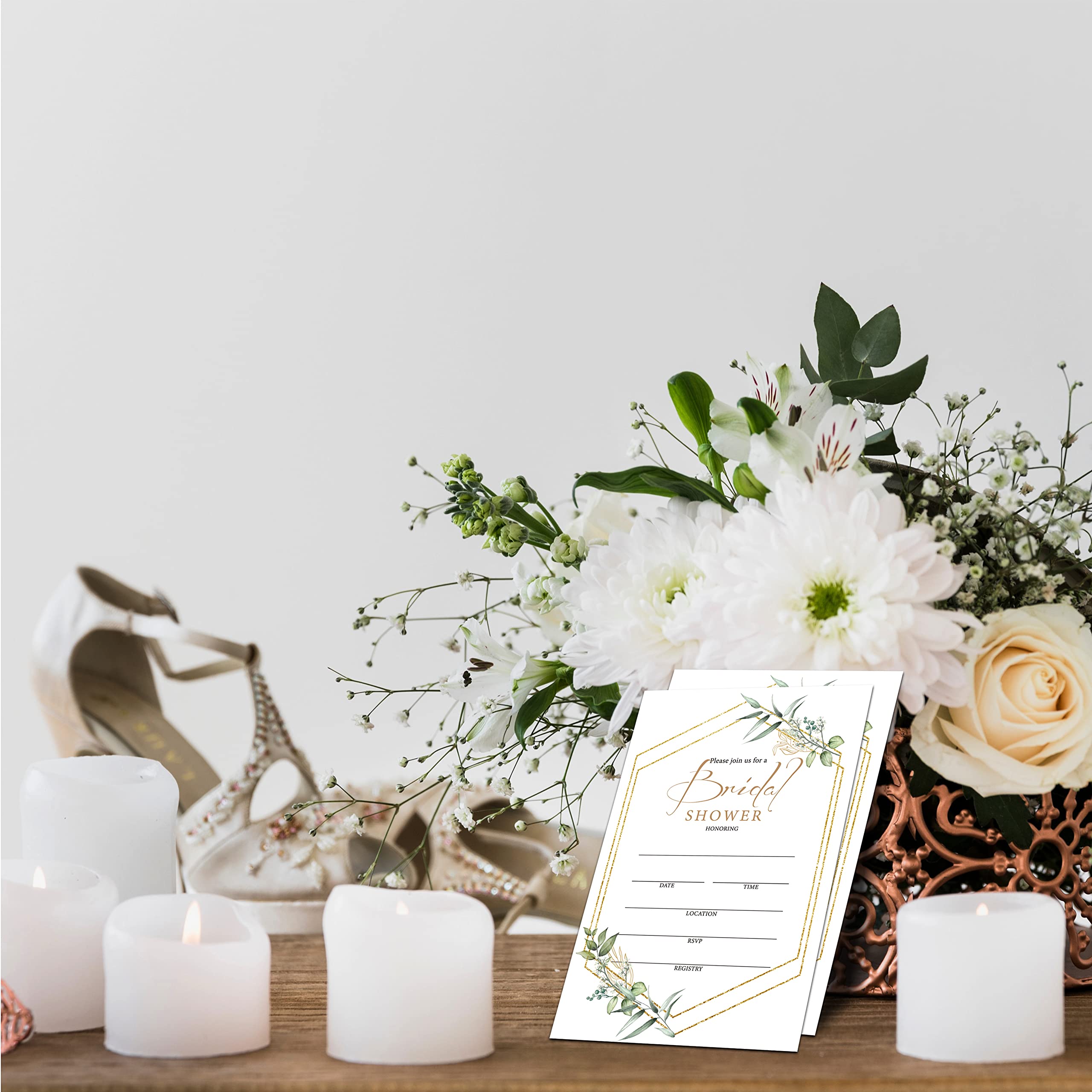 Greenery Eucalyptus Bridal Shower Invitations with Envelopes, 25 Pcs Gold Foil Blank Fill-in Invites for Wedding Reception, Engagement Party, Bachelorette Party(10)