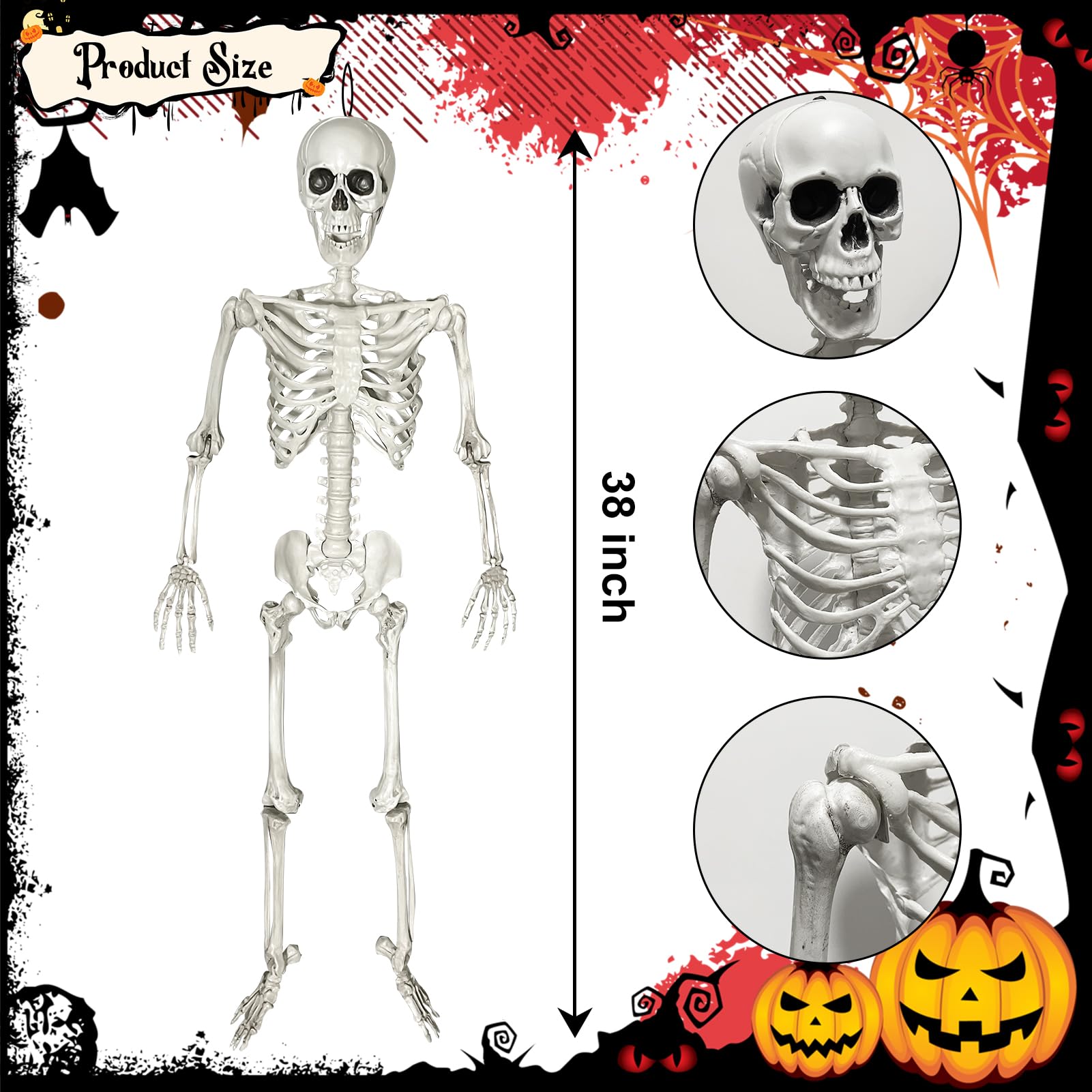 38" Posable Halloween Skeleton Decorations, Full Body Halloween Skeleton with Movable Joints for Haunted House Graveyard Props Indoor and Outdoor Decor