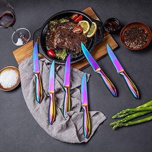 WELLSTAR Rainbow Serrated Steak Knife Set of 6, Razor Sharp German Steel Blade 4.75 inch and Comfortable Stainless Steel Hollow Handle with Titanium Coated Dinner Table Knives Set for Home Restaurant