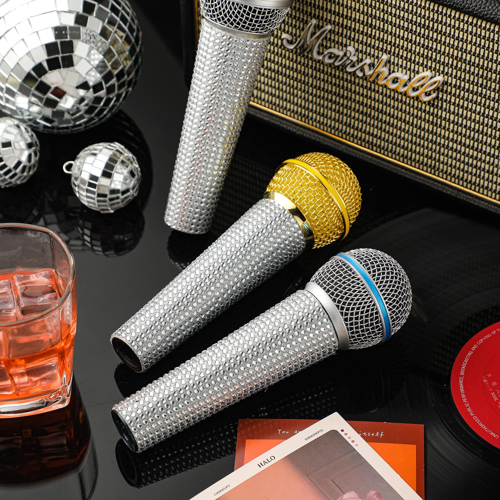 3 Pieces Rhinestones Mic Handle Cover Rhinestone Microphone Sleeve Bling Microphone Sleeve for TV Shows Party Performance Speech Replacement Glitter Microphone Accessories (Silver)