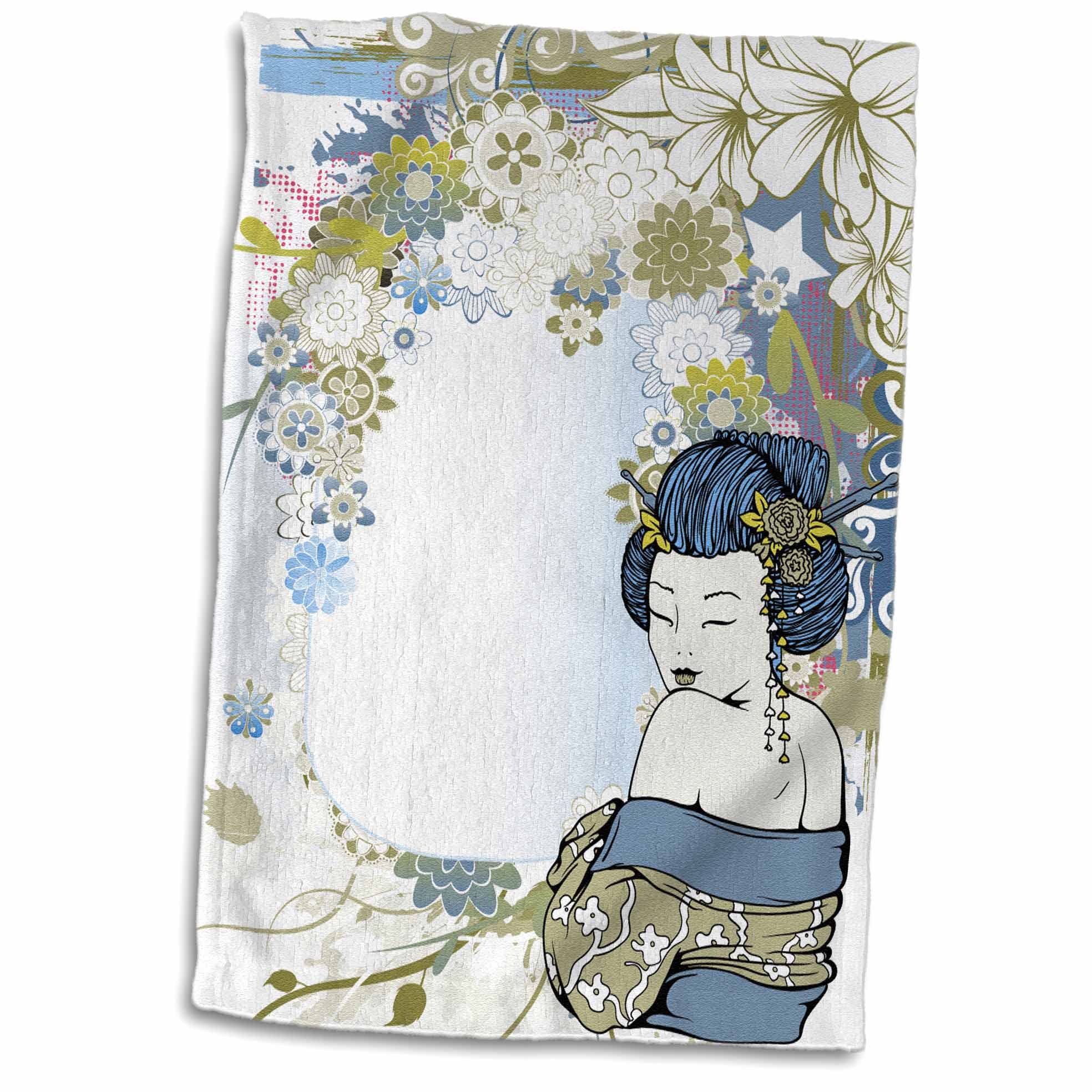 3D Rose Modern Vector Art Muted Blues and Tans Flowers Asian Floral and Geisha Girl Woman Hand/Sports Towel, 15 x 22