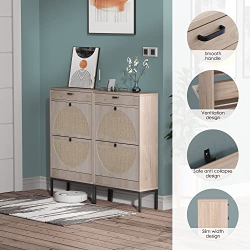 Brafab Shoe Storage Cabinet with 2 Flip Drawers&1 Small Drawer, Slim Entryway Shoe Organizer with Half Round Woven Rattan Doors for Sneakersā¦