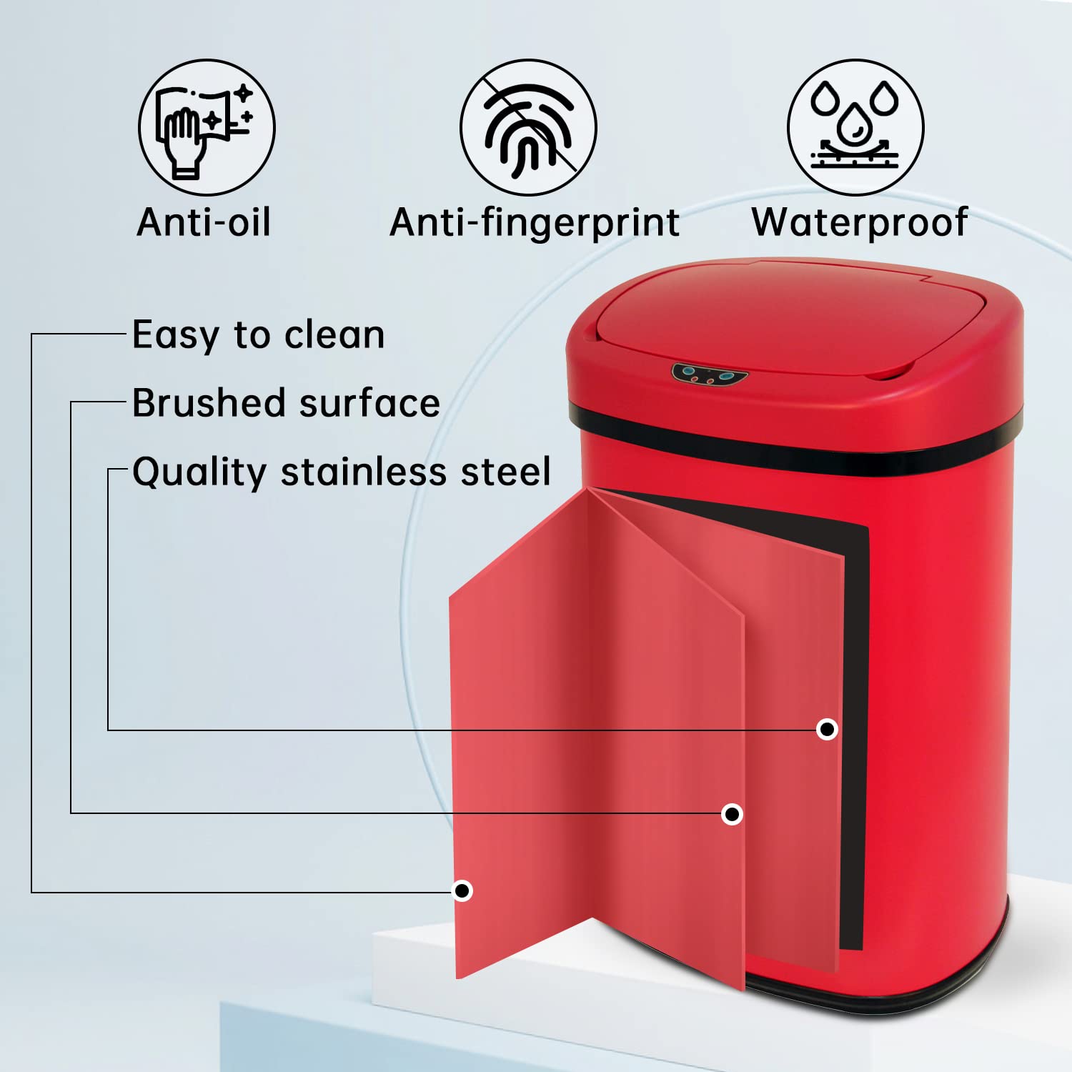 Ckofgdsue 13 Gallon Trash Can Automatic Kitchen Garbage Can Easy-Clean 50L Stainless Steel Brushed Motion Sensor Waterproof with Lid for Bathroom Office (Black)