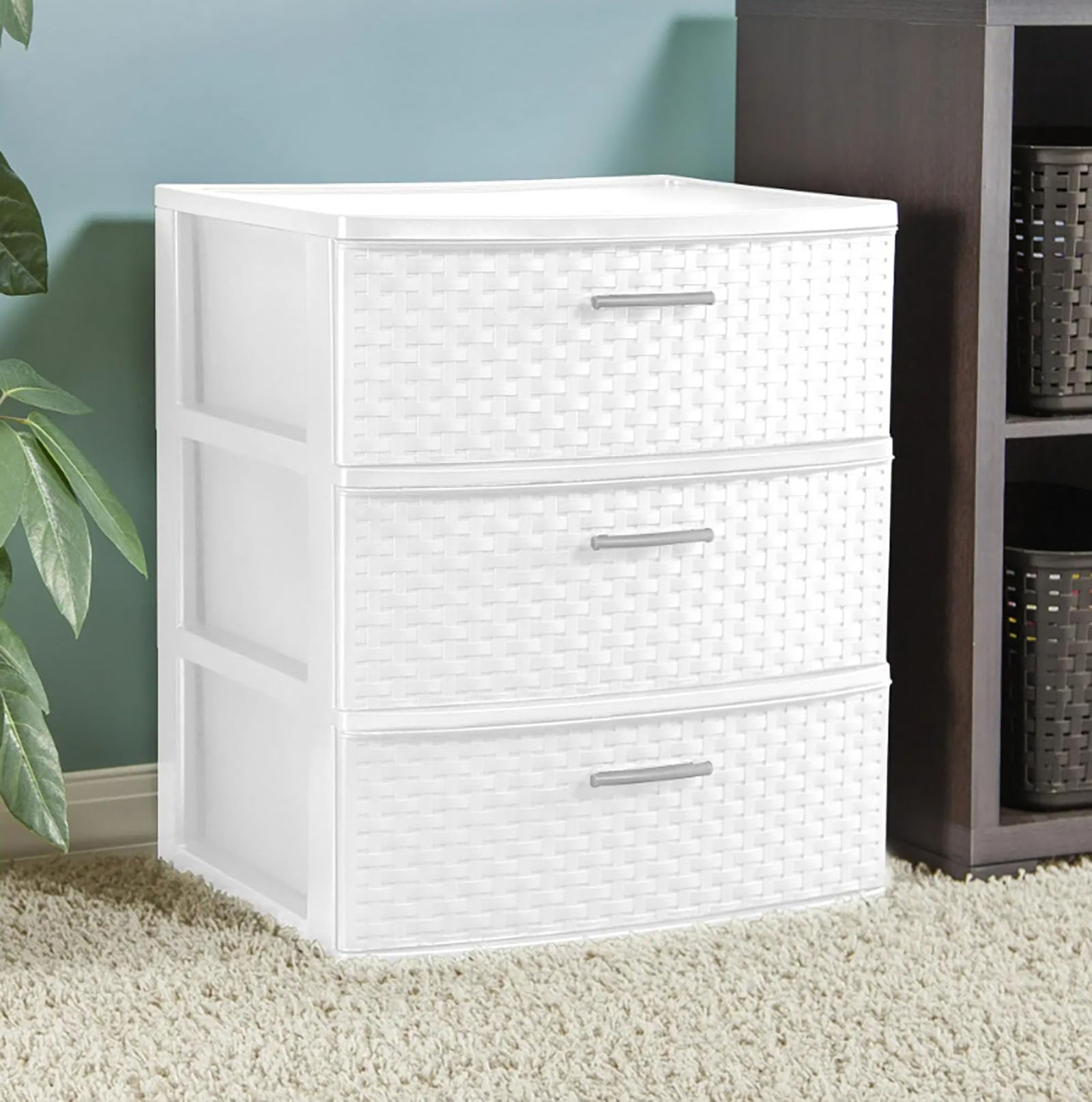 3 Drawer Cross Weave Storage Tower, Decorative Plastic Bin Drawers with Handles Organize Clothes in Bedroom, Easy Assembly,White