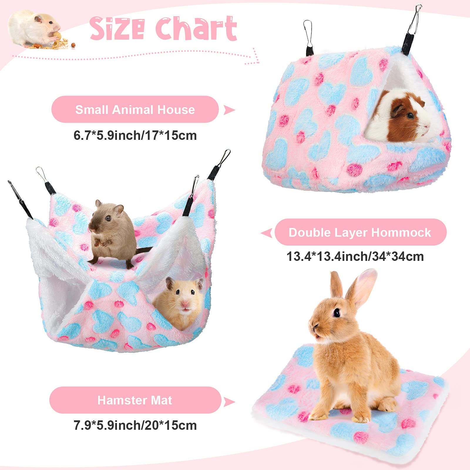 3 Pieces Small Pet Cage Hammock Set Include Double-Layer Sugar Glider Swinging Bed Hanging Rat House Cage and Hamster Warm Bed Mat for Rat Parrot Ferret Squirrel Hamster Rat Playing Sleeping (Pink)