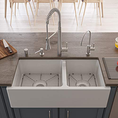 ALFI brand AB3618DB-W Smooth Thick Wall Fireclay Double Bowl Farm Sink, 36", White