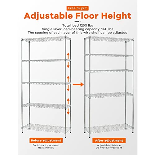 HCY Garage Shelving, 72*36*14inch Metal Shelves 5 Tier Wire Shelving Unit Adjustable Heavy Duty Sturdy Steel Shelving for Pantry Garage Kitchen (Chrome)