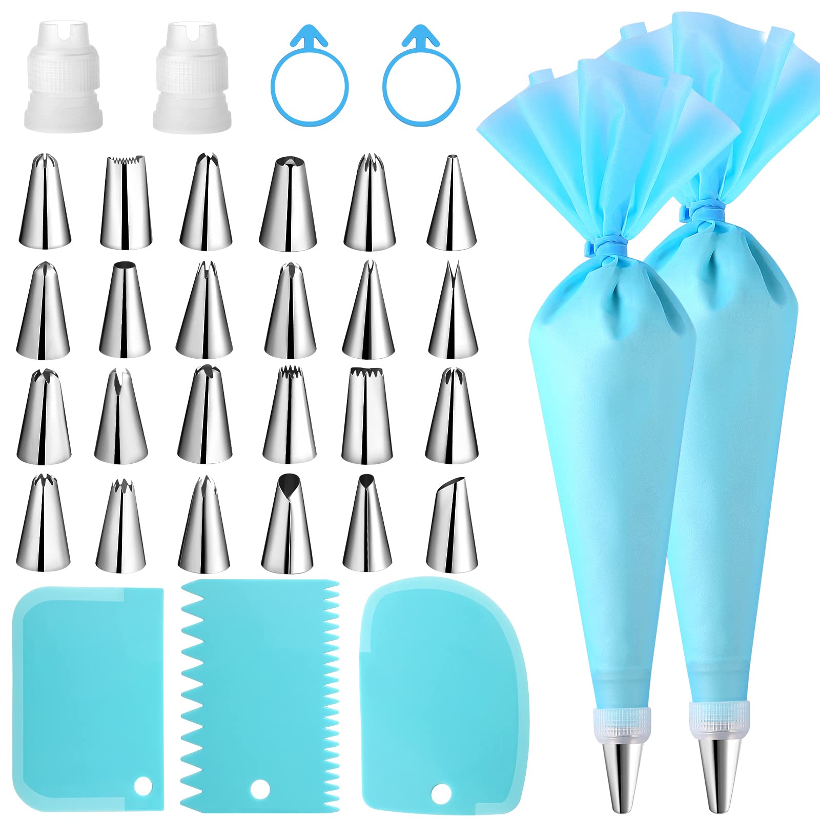 33PCS Icing Piping Bags and Tips Set, Reusable Pastry Bags and Cake Decorating Frosting Piping Kit for Baking, with Scrapers, Couplers, Silicone Rings, Cake Decorating Tools for Cake, Cupcake, Cookie