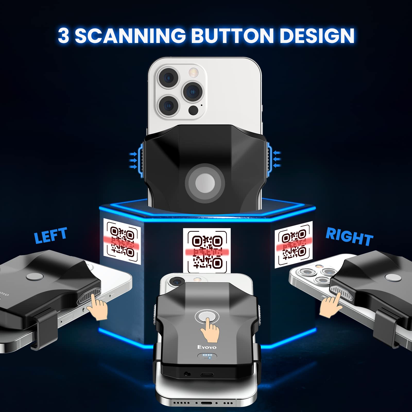 Eyoyo Bluetooth QR Code Scanner, 2D Wireless Back Clip Phone UPC USB Barcode Scanner Reader with Battery Level Indicator Compatible with 4.7"-7.2" Android Phone, iPhone for Book Library Inventory