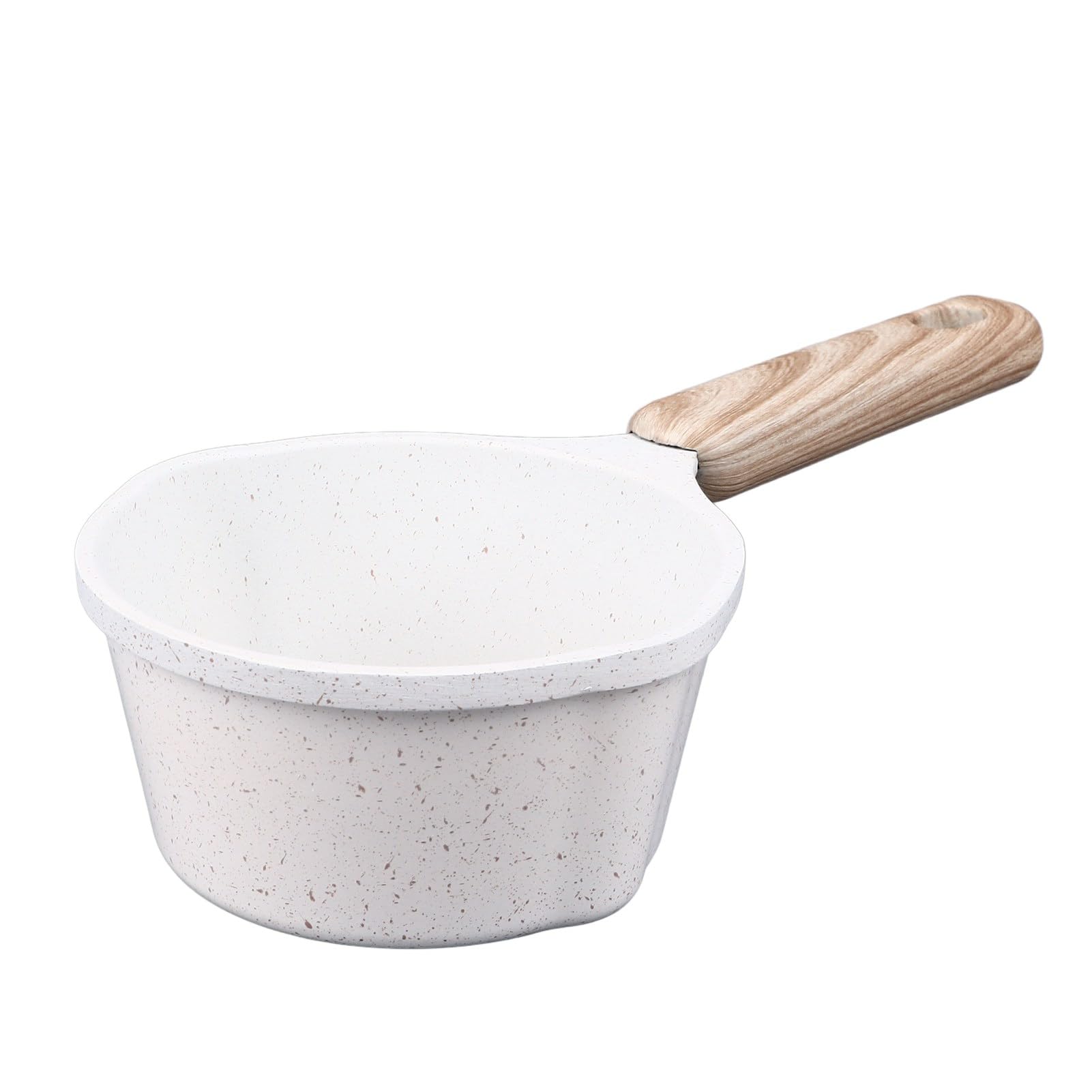 Kitchen Stovetop Sauce Frying Pan, Aluminum Nonstick Sauce Pot with Pour Spouts and Wooden Handle for Pouring Oil Heating Boiling Milk Frying Eggs (White)