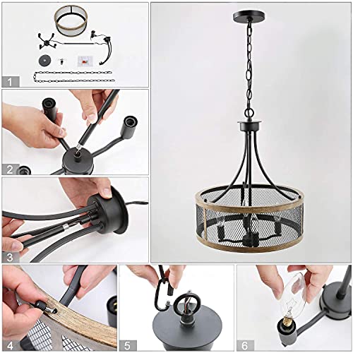 LALUZ Farmhouse Chandelier, Dining Room Light Fixture, Drum Chandeliers, 16β Width, Oil Black & Wood Painted Finish