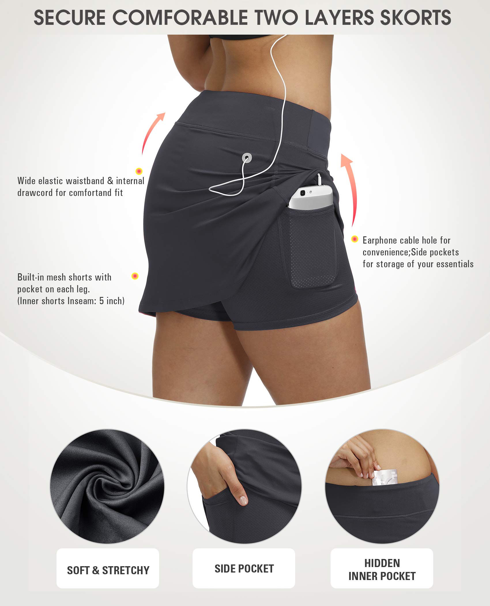 3AXE Women's Tennis Skorts with Inner Shorts Pockets Lightweight Active Skirts for Golf Sports Running Dress Black Medium