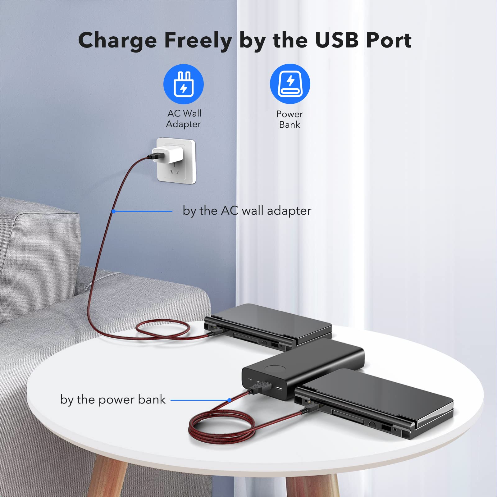 6amLifestyle USB Charging Cable High Speed Premium USB Data Sync Power Charger Charging Cord Compatible with Nintendo 2DS / 3DS / 3DS XL/DSi/DSi XL/New 2DSLL,Black Red