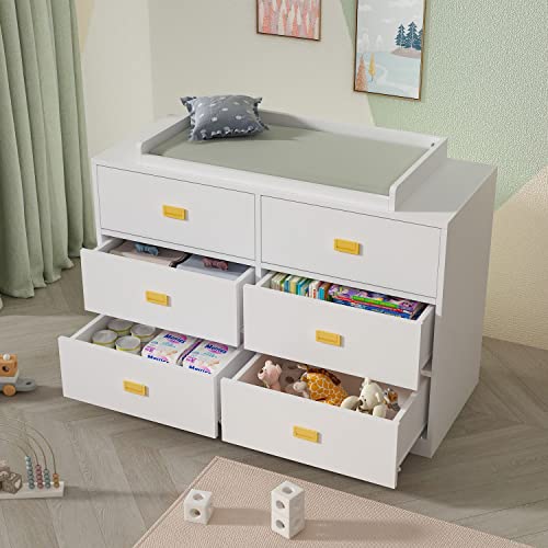 DiDuGo Nursery Dresser Changing Table Dresser with 6 Drawers, Gold Metal Handles, for Nursery Room White (45.1" W x 18.9" D x 32.9" H)