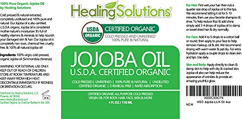 Healing Solutions Organic Jojoba Oil 4oz Cold-Pressed Unrefined for Skin, Hair, Face & Cuticle Moisturizer, Acne Fighter, 118 ml - Cuticle Oil