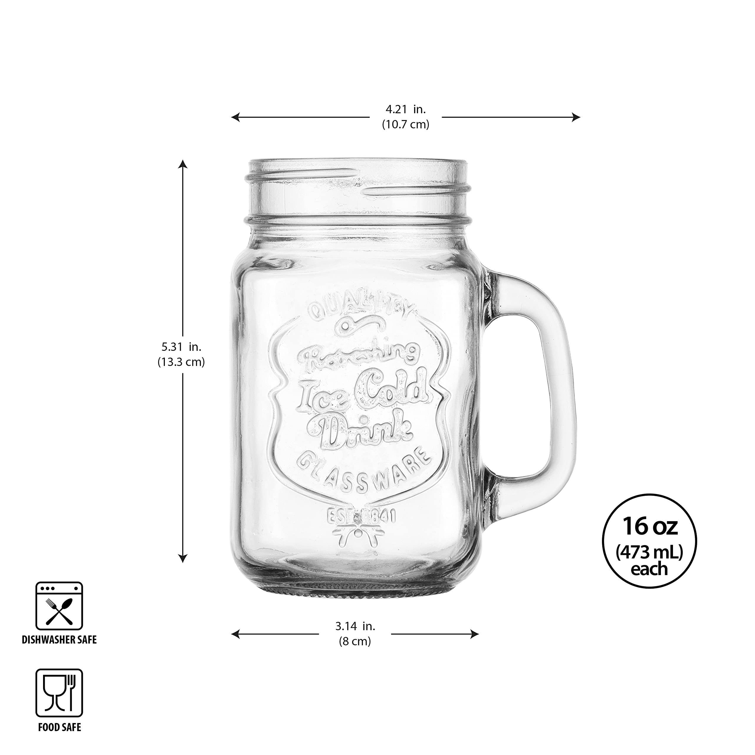Glaver's Mason Drinking Jars β Set of 4, 16 Oz Clear Glass Jars β With Convenient Handle and Ice-Cold Embossed Logo β Ideal for Hot and Sunny Days β Perfect Glass Cups for Cold Drinks