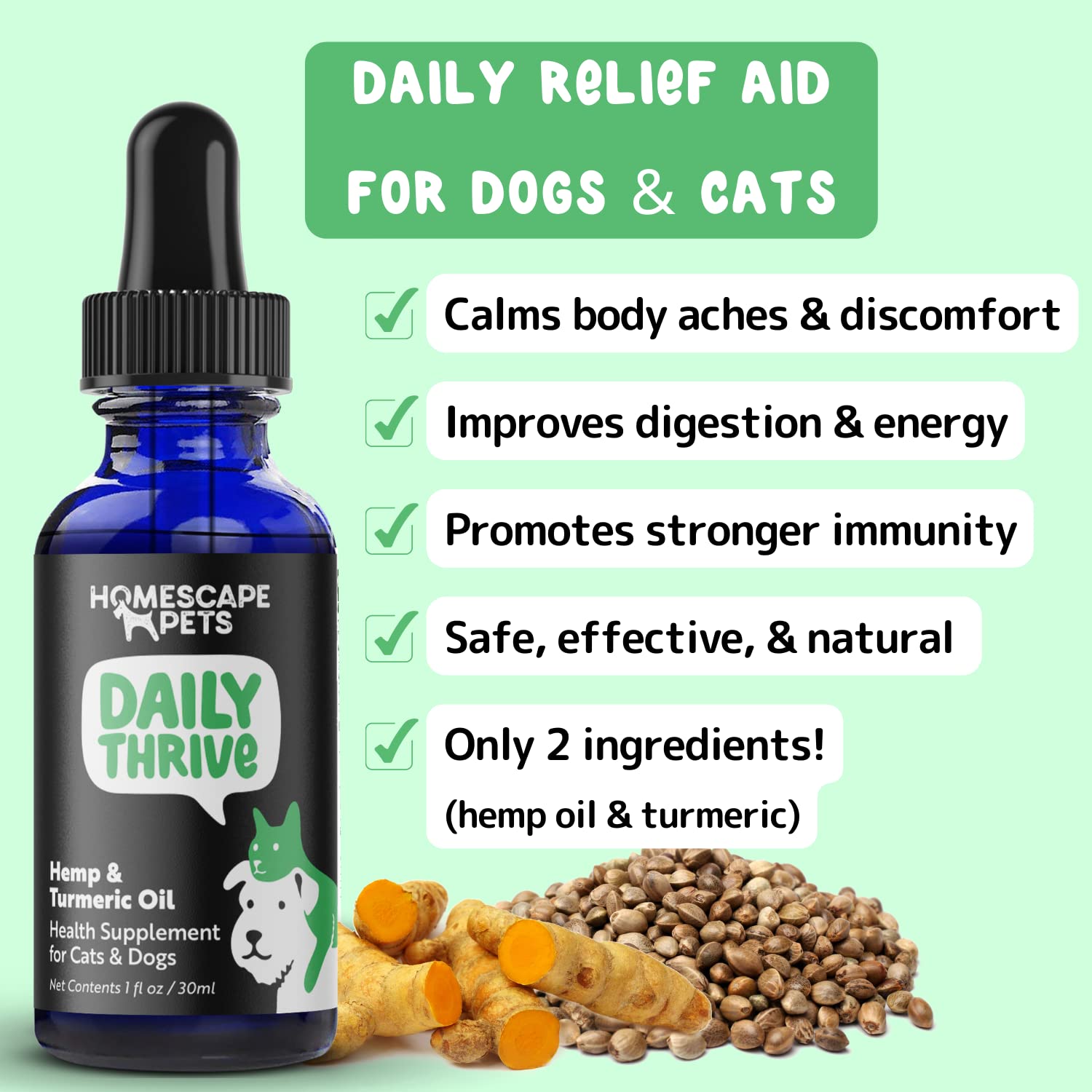 Homescape Pets Bundle Daily Thrive + RESTFUL PET: Improve Energy, Immune Health, and Aches + Help Reduce Anxiety and Stress - Supplements for Dogs and Cats