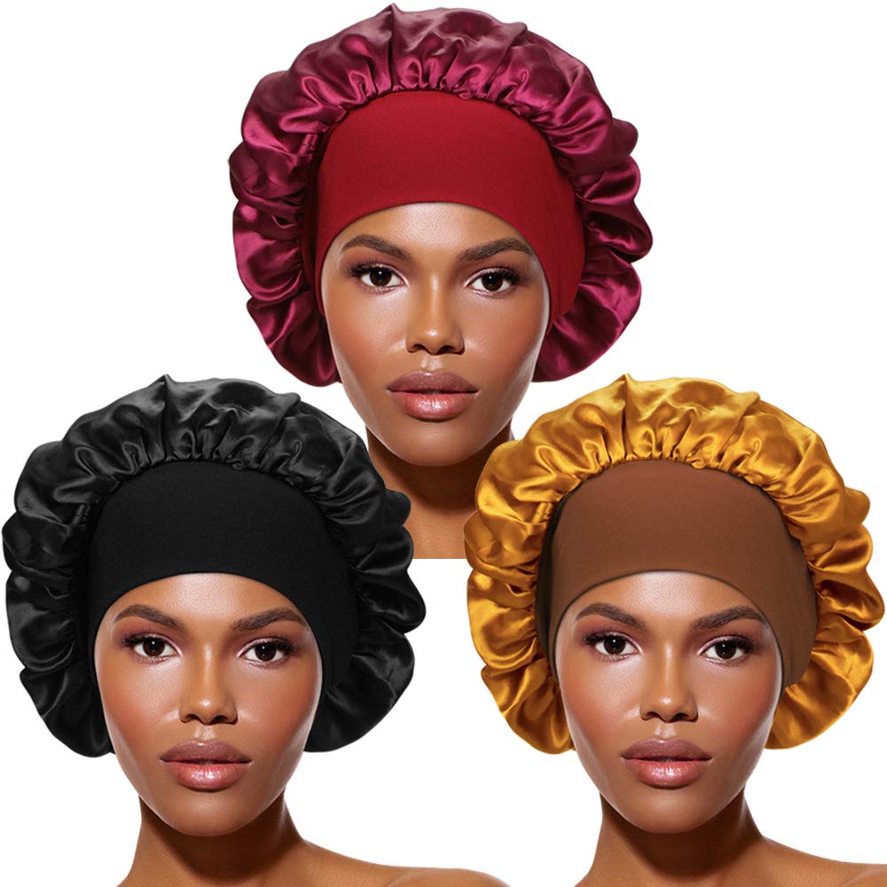 3 Pieces Wide Elastic Band Satin Sleep Bonnet Soft Night Sleeping Cap for Women Haircare