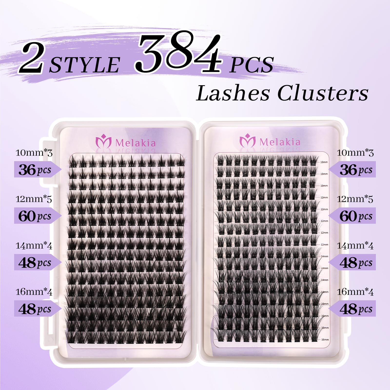 384 Pcs Cluster Lashes, Melakia 2 Style DIY Eyelash Extensions Mix 10-16mm, Thin Band Lash Clusters, Mega Soft Individual Cluster Lashes at Home (Wispy and Natural D Mix 10-16mm)