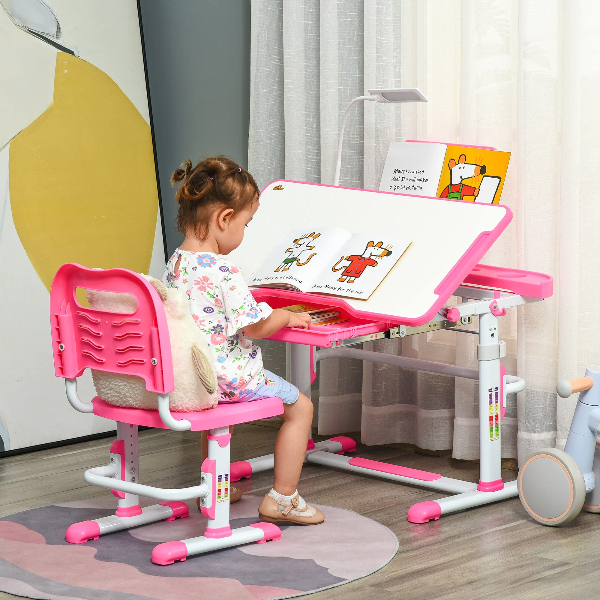 Qaba Kids Desk and Chair Set, Height Adjustable School Study Table and Chair, Student Writing Desk with Tilt Desktop, LED Light, Pen Box, Drawer, Reading Board, Cup Holder, and Pen Slots, Pink