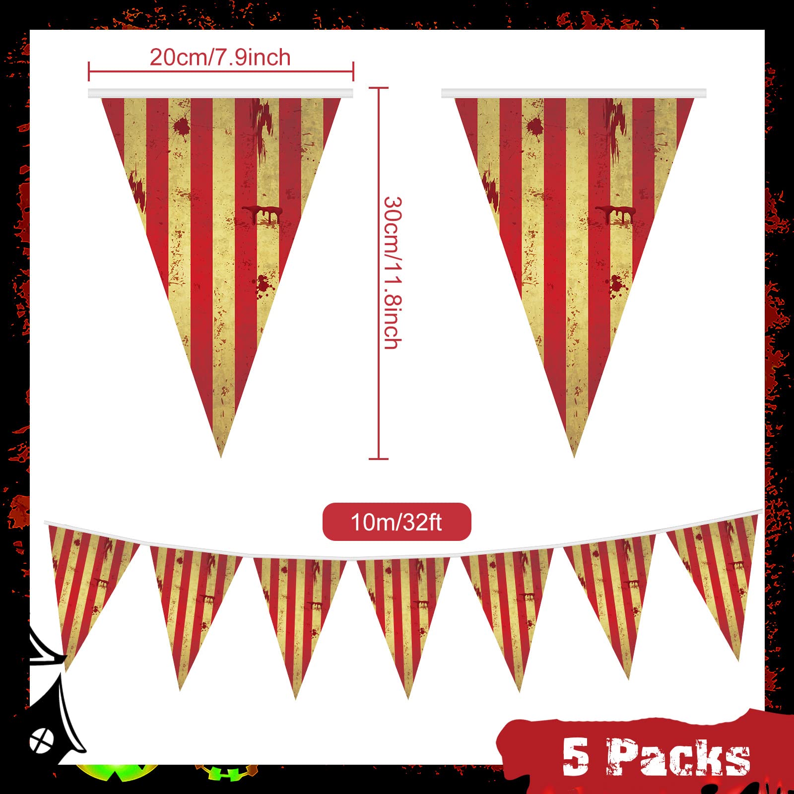 5 Packs Carnival Circus Party Decorations Halloween Striped Pennant Banner Bloody Splatter Carnival Decor Triangle Bunting Flag for Carnival Birthday Halloween Party Decorations, 7.9 x 11.8 Inches
