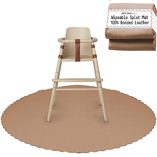 Brite Tools Premium Leather Splat Mat Under High Chair 52” Anti-Slip Bonded Suede Backing Wipeable Waterproof Stain Spill Resistant Floor Cover Portable Baby Drop Table Cloth Blanket (Brown (Round))