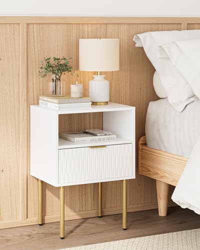 Aienvey Night Stand, Modern Bedside Table with Storage Drawer, Small Side Table with Open Wood Shelf, Bedside Furniture, Nightstand, End Table for Bedroom, Living Room, White