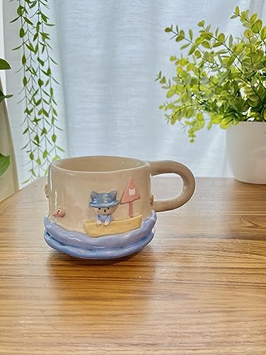 Adorable Journey cat. Cute Handmade ceramic cup, Hand-painted mug, Unique Surprise gift for Christmas or Birthday. Dishwasher and Microwave safe