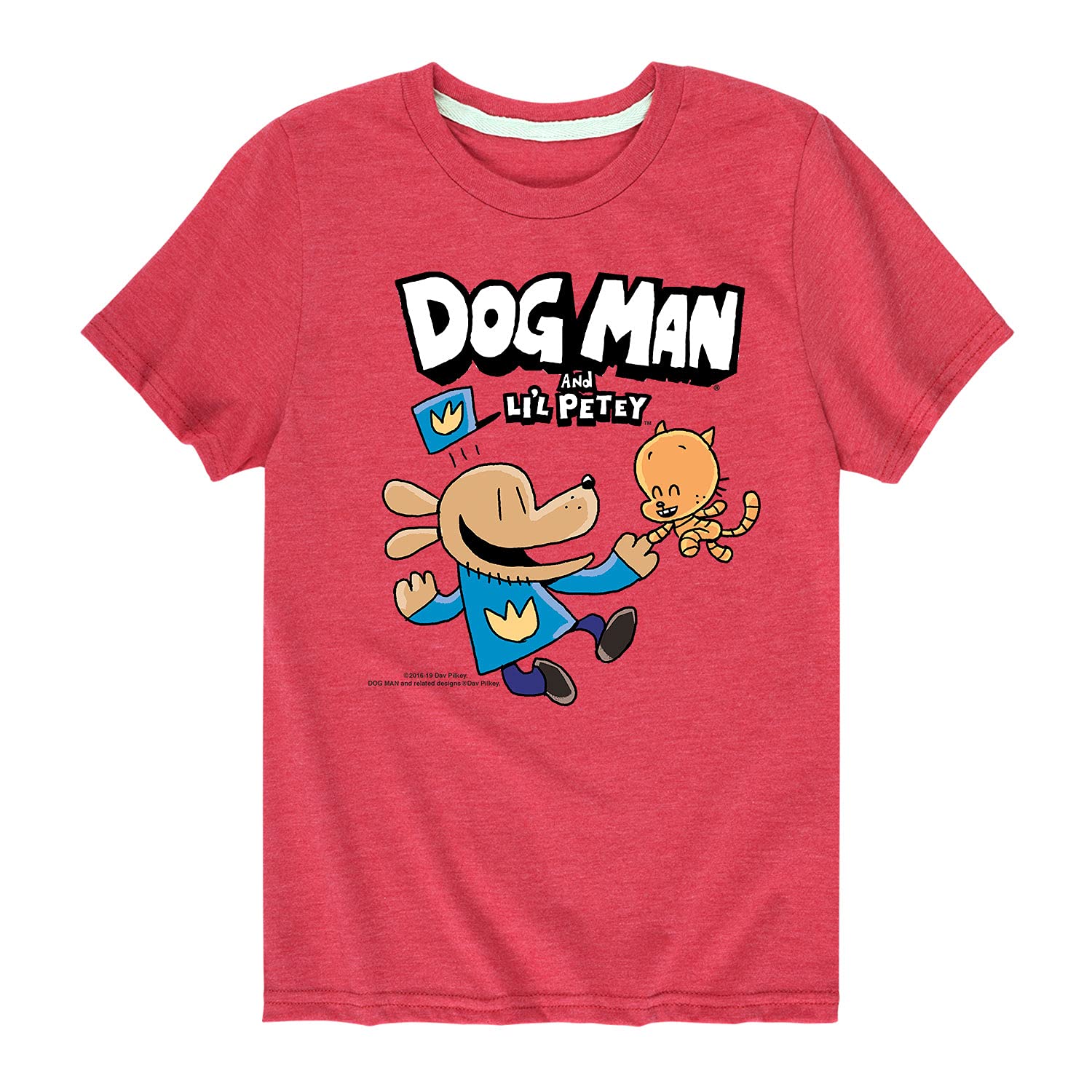 Dog Man and Lil Petey - Youth Short Sleeve Graphic T-Shirt - Size Large Heather Red