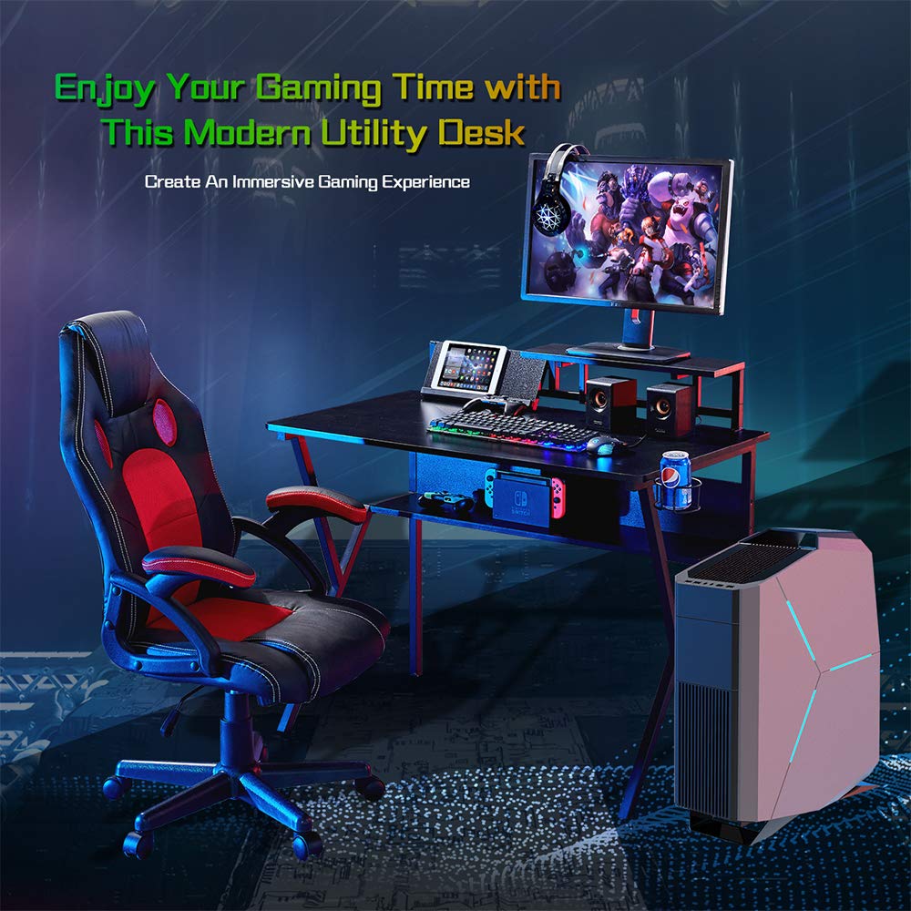 4HOMART Computer Desk, Gaming Table Wood Leaning Desk Home Office Workstation PC Laptop Writing Study Table with Cup Holderand Storage Shelf for Home Office Small Place Use