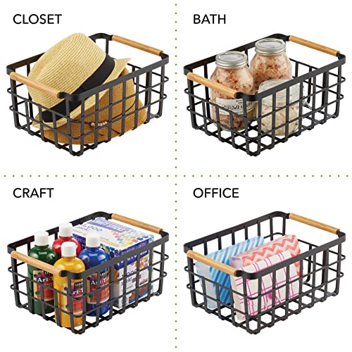 mDesign Metal Wire Food Organizer Storage Bin Basket with Bamboo Handles for Kitchen Cabinets/Pantry Organizing - Farmhouse Decor - Yami Collection - 4 Pack - Matte Black/Natural
