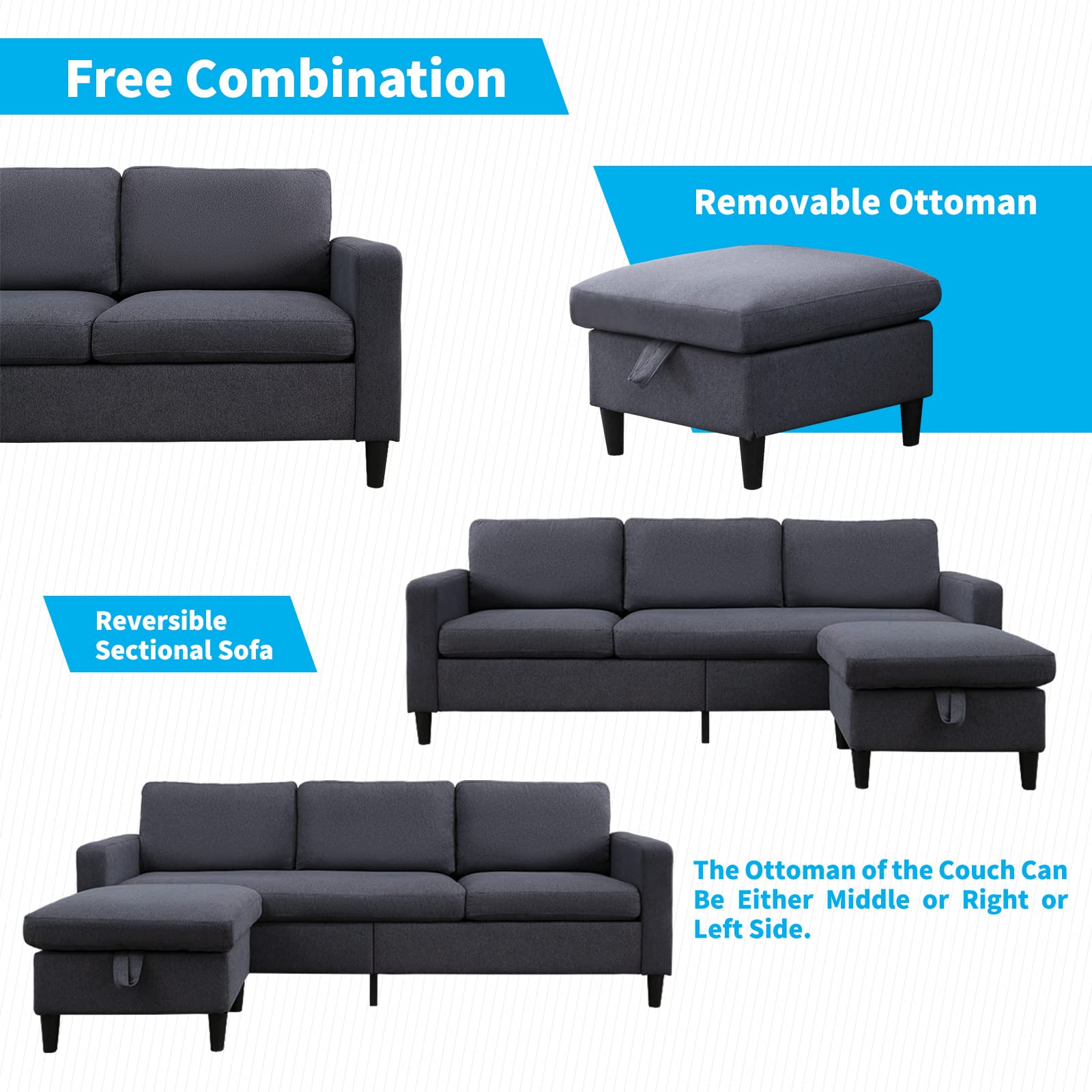 Mjkone 86" L-Shape Sectional Sofa Couch, Linen Convertible Sofa Chaise with Reversible Storage Ottoman, Large Modular Sofa with 2 Side Pockets for Living Room Apartment Studio - Dark Gray