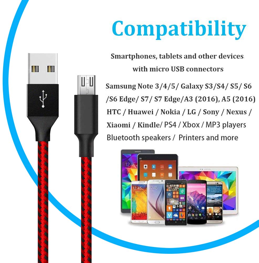 6FT Micro USB Cable Android Charging Cable Fast Phone Charger Cord Compatible with Kindle Fire 7/8 Tablet/Fire Stick,Samsung Galaxy S7 S6 Edge,Galxy Tab A 10.1,Xbox Controller,Playstation 4(Red Black)