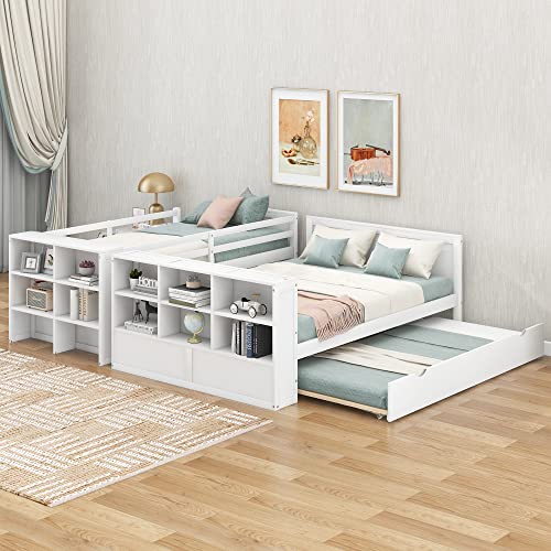 BIADNBZ Twin Over Full Bunk Bed with Trundle and Shelves, Can Be Separated into Three Separate Platform-Beds for Teens/Adults, Space-Saving Design, White