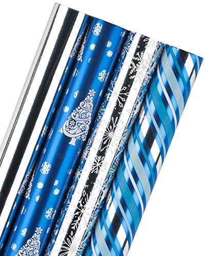 WRAPAHOLIC Christmas Wrapping Paper Roll - Blue and Silver Snowflake and Stripe Set with Metallic Foil Shine - 4 Rolls - 30 Inch X 120 Inch Per Roll