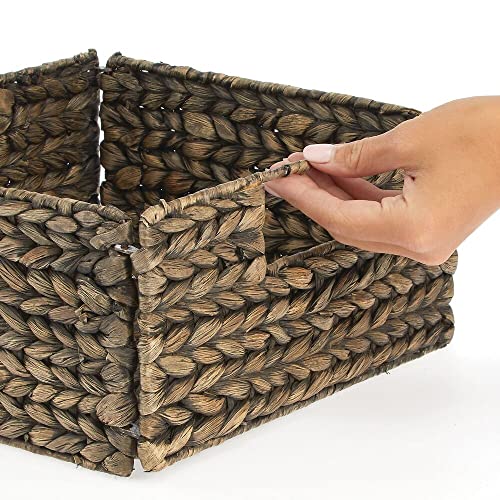 mDesign Woven Hyacinth Storage Bin Basket Organizer with Handles for Organizing Kitchen Pantry, Cabinet, Cupboard, Shelves - Holds Food, Drinks, Snacks - 4 Pack - Brown Wash
