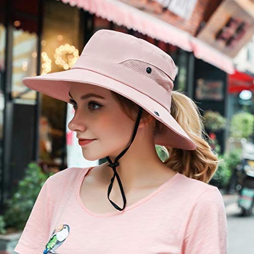 3 Pieces Women's Outdoor Ponytail Safari Sun Hat Foldable Mesh Wide Brim Beach Fishing Hat (Pink & Purple & Grey)