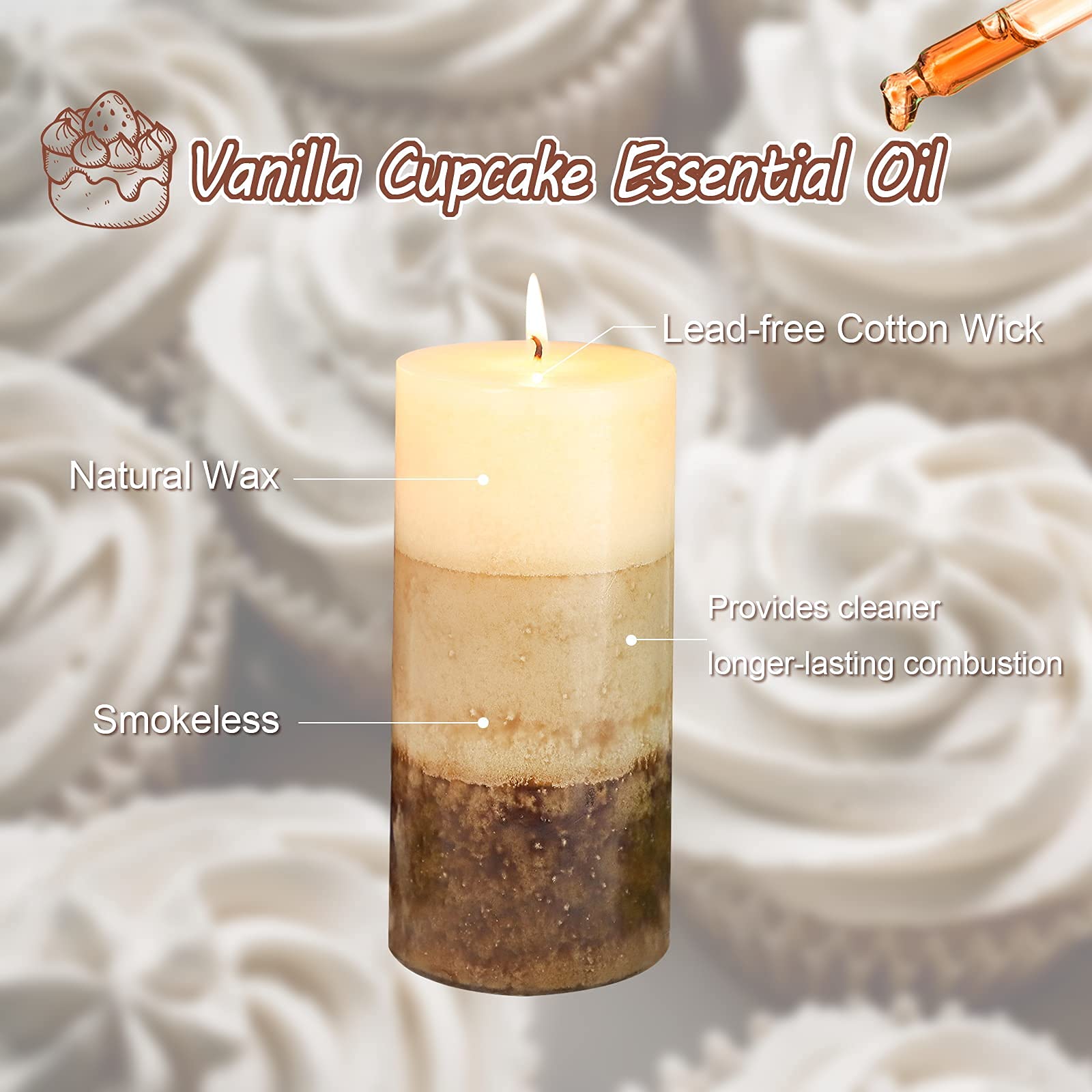Petristrike Pillar Candles, Scented Candle, Set of 3 Vanilla Cupcake Aromatherapy Candles for Home Scented, Woman Gifts, Bathroom, Spa, Wedding (3 × 6")