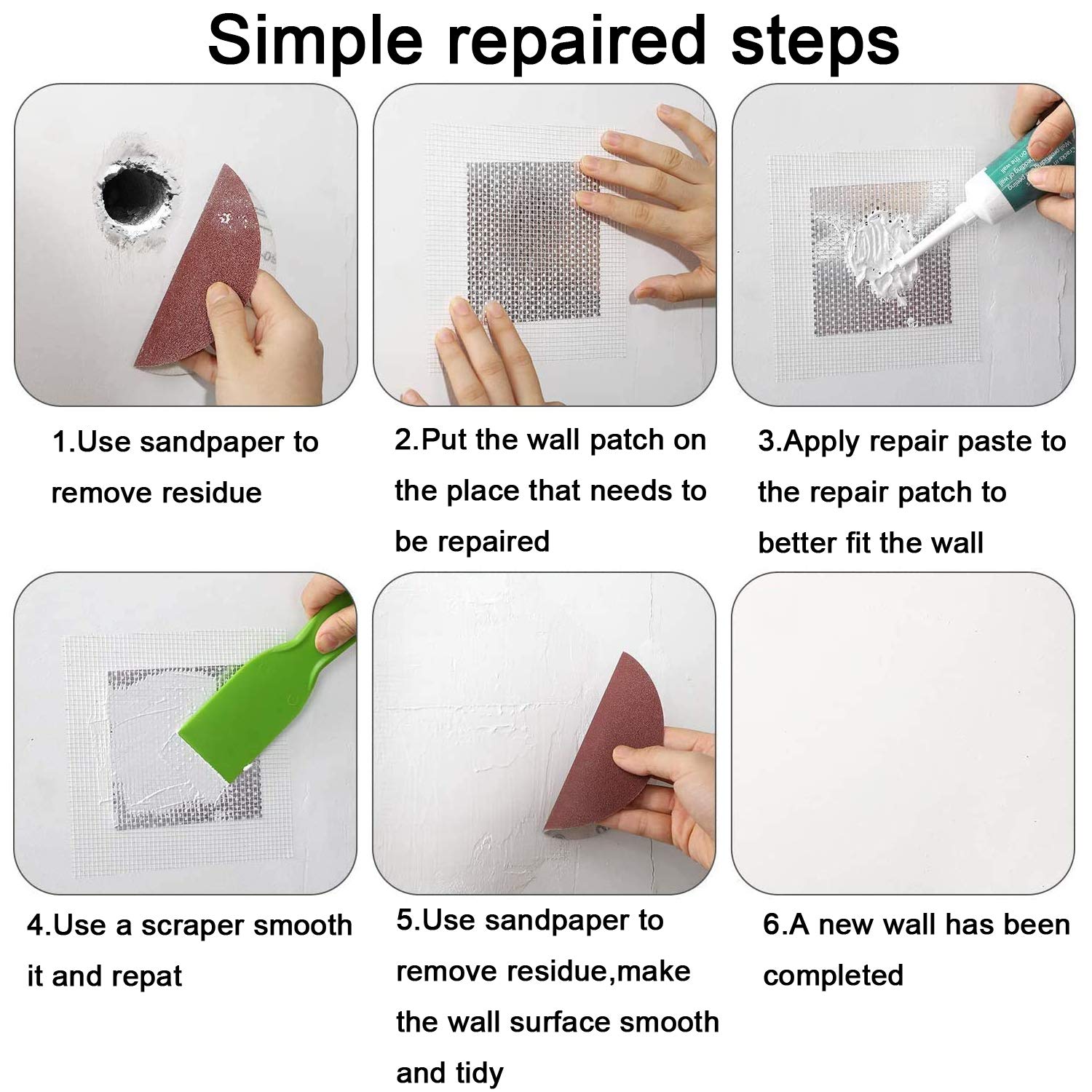 8 Pieces Aluminum Wall Patch Kit 6 Pcs Self-Adhesive Drywall Repair Mesh Board with Scraper and Sanding Paper for Covering Wall Cracks Holes Blemishes