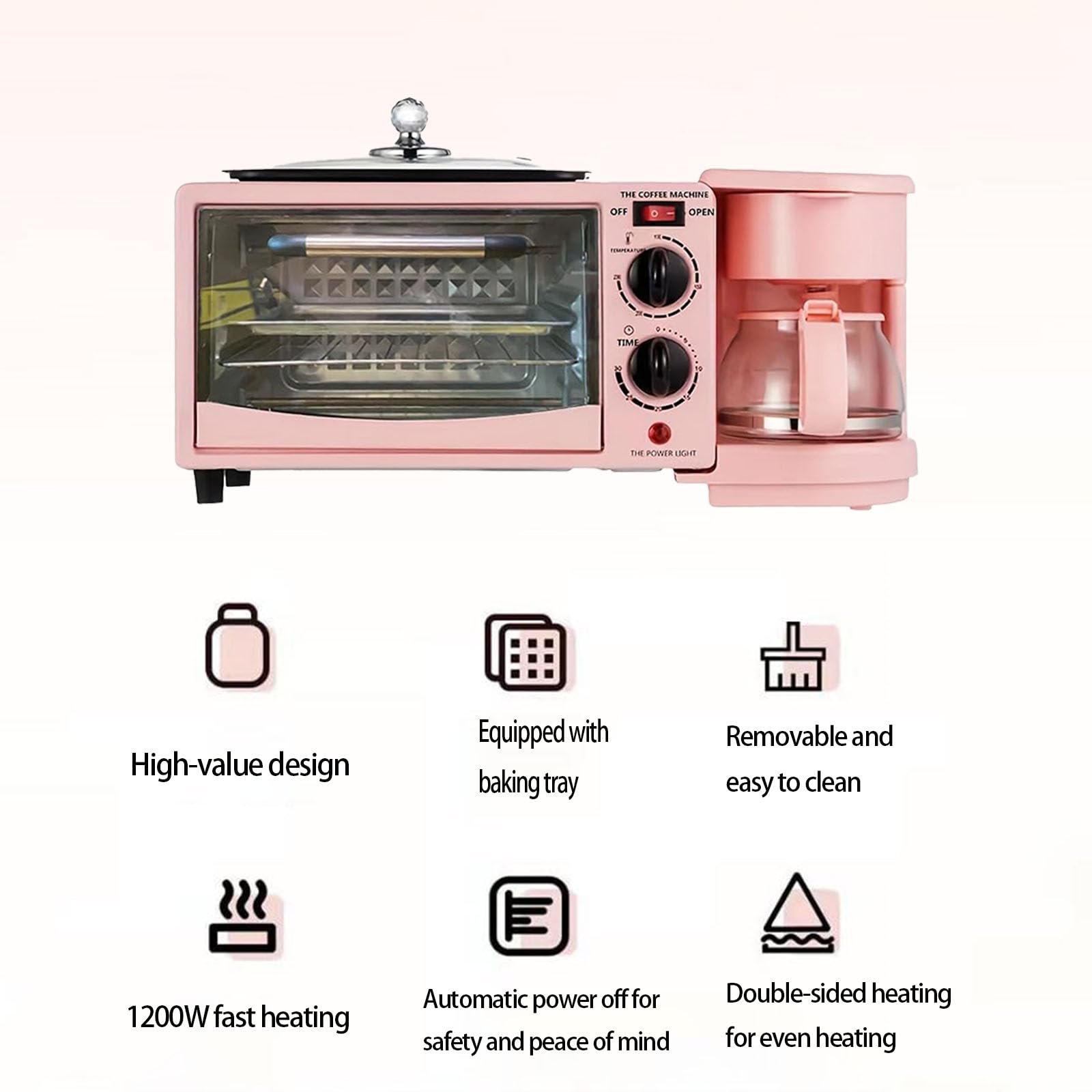 3 In 1 Breakfast Station With Coffee Maker,9L Multifunctional Toaster Oven Combo, Includes Coffee Maker, Non-Stick Griddle, and 4-Slice Toaster Oven - Versatile Breakfast Maker With Timer (pink)