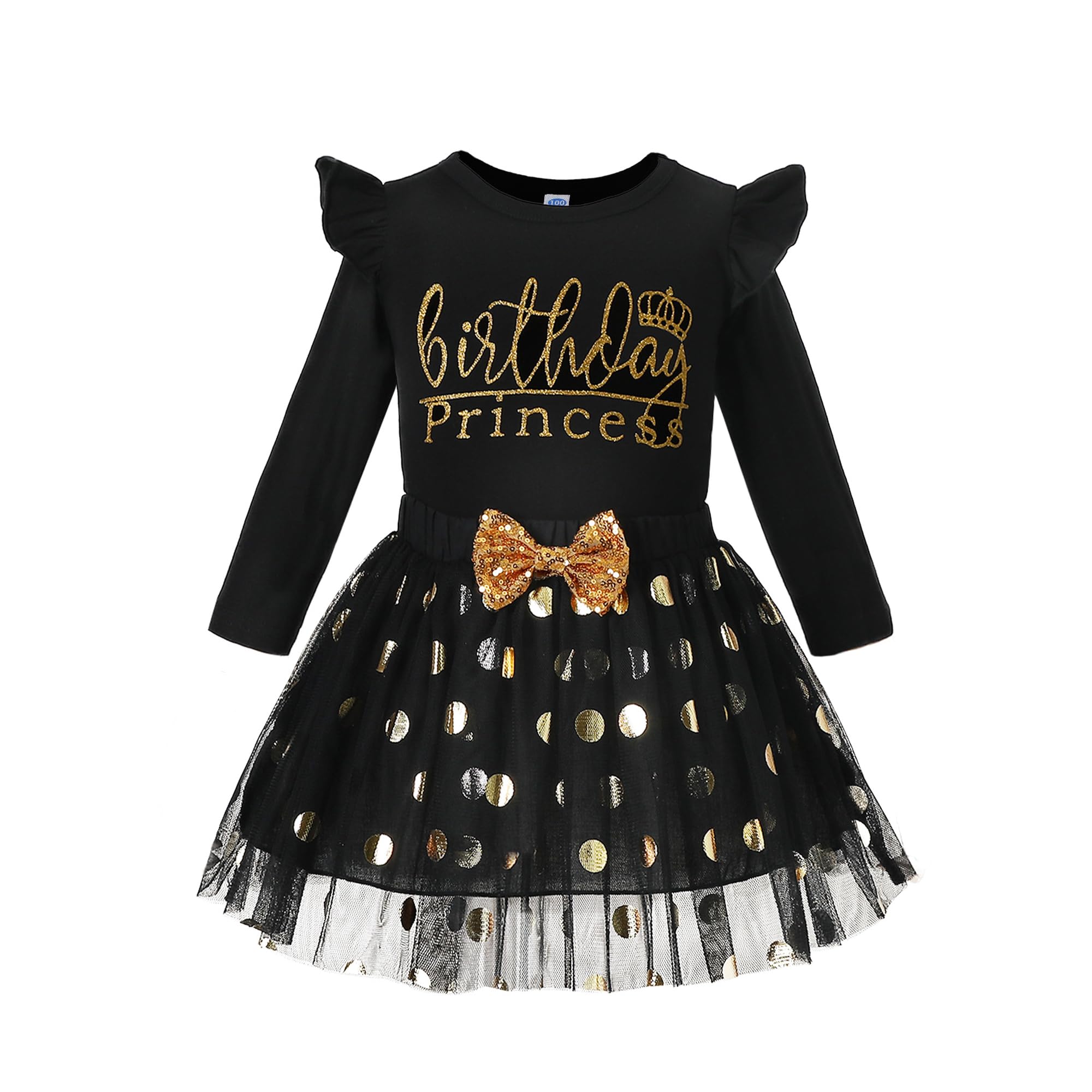 LYSMuch Toddler Kids Baby Girl's Birthday Outfits Princess Vest Sleeveless Shirt Mesh Tutu Skirt Set (Black Birthday Princess Long sleeve,7-8 Years)