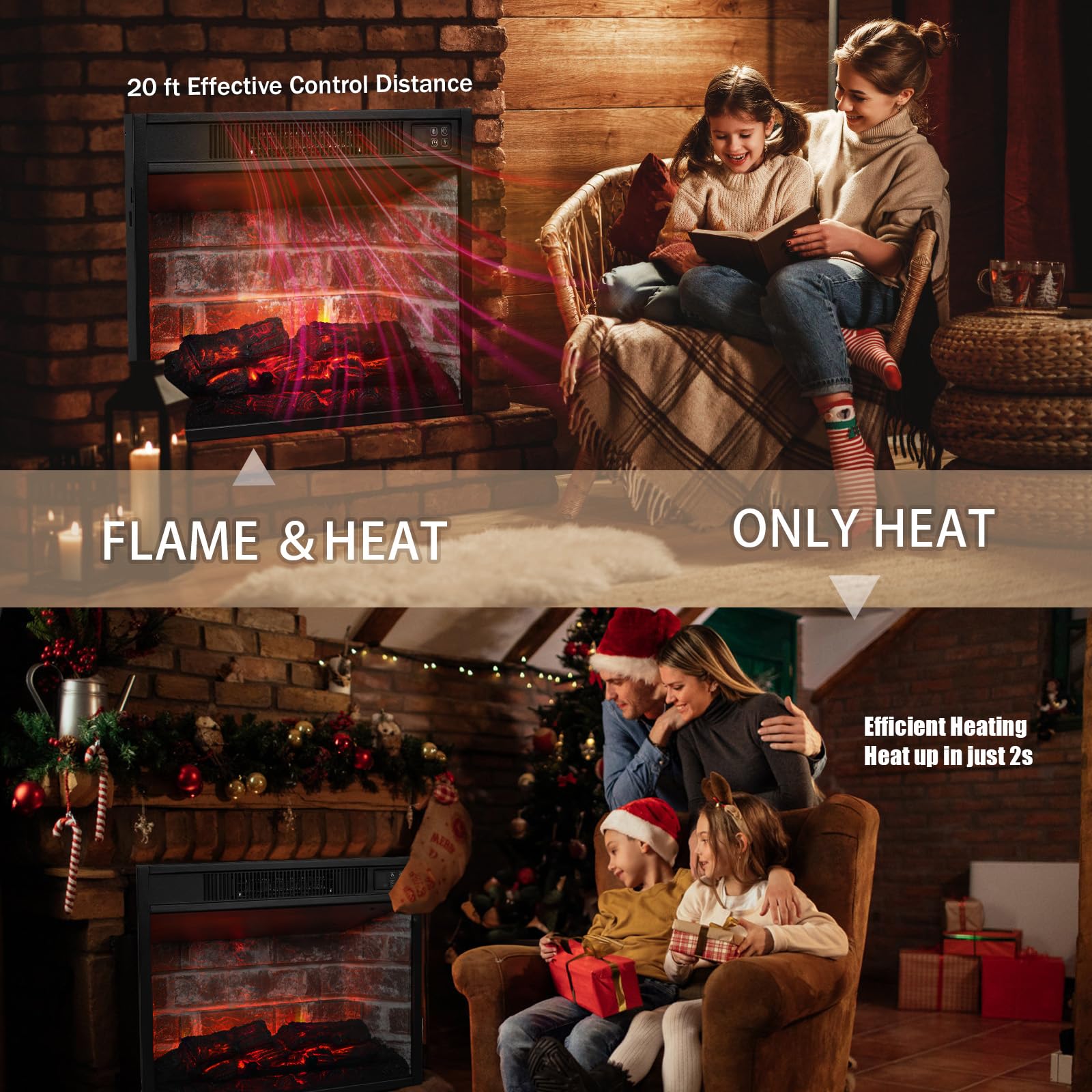 23 inch Electric Fireplace Insert, Realistic Red Bricks Electric Fireplace with Remote Control, 3 Adjustable LED Brightness Flames, Overheat Protection, 1400W Faux Fireplace for Bedroom