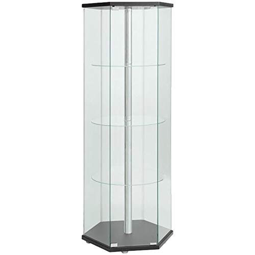 Coaster Home Furnishings 950276 Traditional Glass Hexagon Shaped Curio Cabinet with Three Round Shelves, 24" D x 24" W x 63.5" H, Black